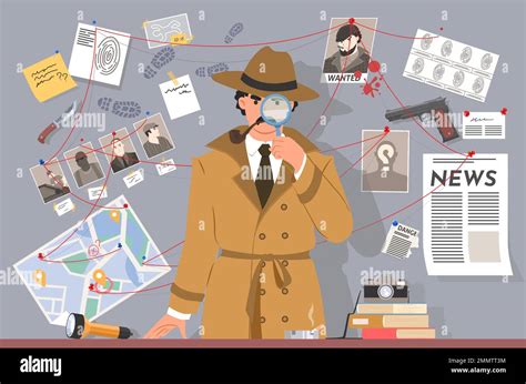 Detective With Magnifying Glass In Office Standing Over Criminal Map