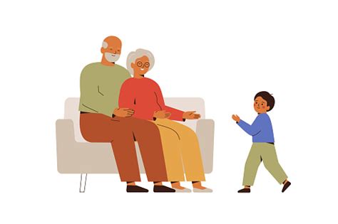 할아버지와 할머니는 집에서 손자와 함께 시간을 보냅니다 베이비시팅 및 보육 벡터 일러스트 레이 션 60 69세에 대한 스톡 벡터 아트 및 기타 이미지 Istock