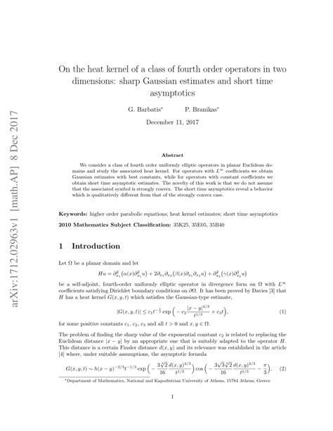 Pdf On The Heat Kernel Of A Class Of Fourth Order Operators In Two Dimensions Sharp Gaussian
