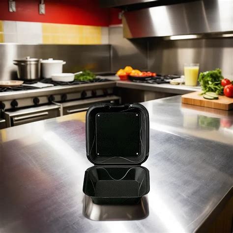 Take Out Container Hinged With Dome Lid 8x8x3 In Polystyrene Foam Black