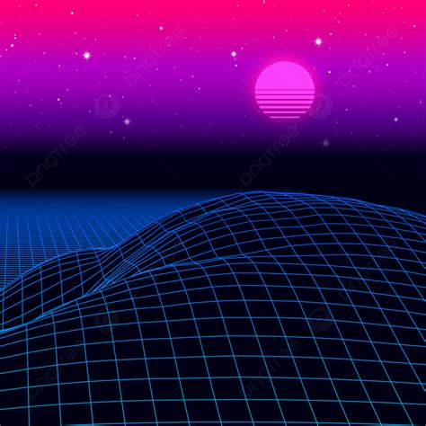80년대 스타일의 복고풍 컴퓨터 게임 또는 과학에서 영감을 받은 배경 3d 구조의 태양과 산 또는 언덕이 있는 와이어프레임