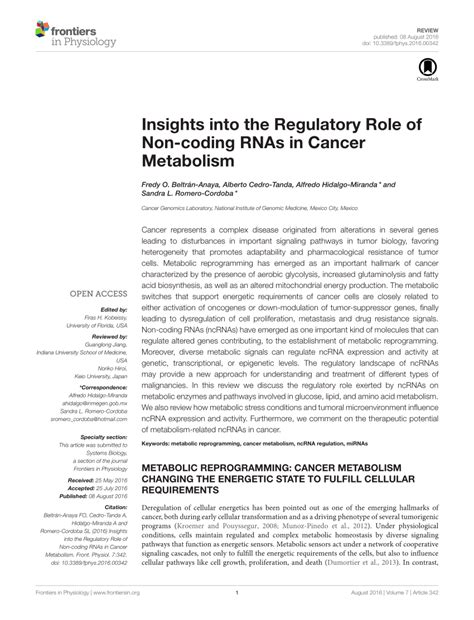 Pdf Insights Into The Regulatory Role Of Non Coding Rnas In Cancer Metabolism