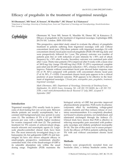 Pdf Efficacy Of Pregabalin In The Treatment Of Trigeminal Neuralgia