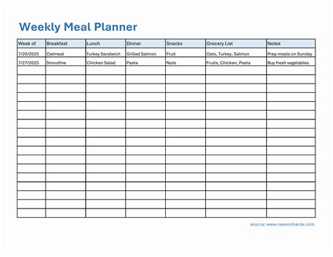 free excel weekly meal planner templates