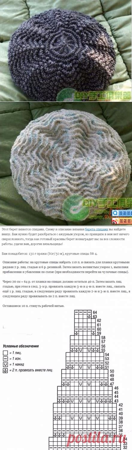 Головные уборы Берет спицами красивым волнистым узором Вязание вязание шапки снуды манишки