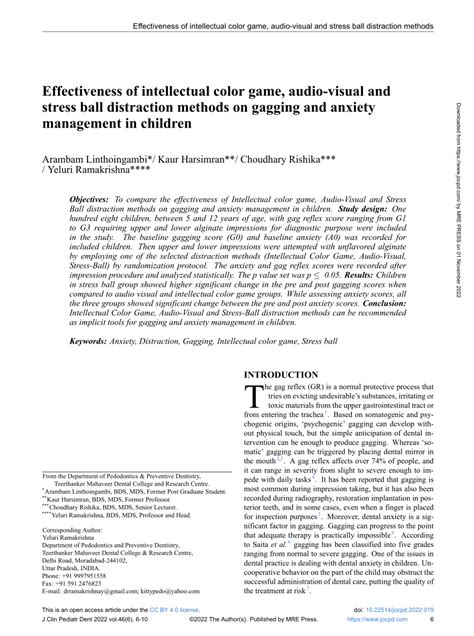 Pdf Effectiveness Of Intellectual Color Game Audio Visual And Stress Ball Distraction Methods