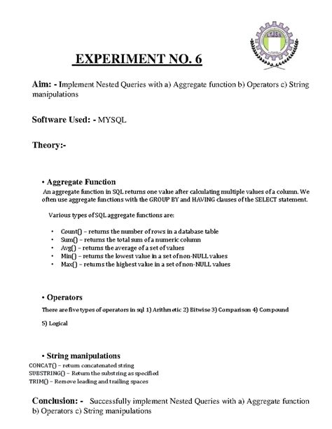 Exp6 Dbms Exp Experiment No 6 Aim Implement Nested Queries With
