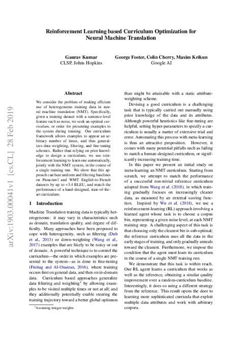 Pdf Reinforcement Learning Based Curriculum Optimization For Neural Machine Translation