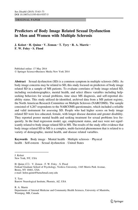 Pdf Predictors Of Body Image Related Sexual Dysfunction In Men And Women With Multiple Sclerosis
