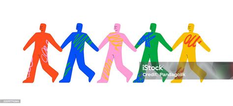 다섯 명의 양식화된 인물이 서로 뒤를 따라 걷고 손을 잡고 있는 생생한 일러스트로 각각 추상적인 낙서와 함께 다른 색상으로 그려져 있습니다 화합 파트너십 및 상호 작용의