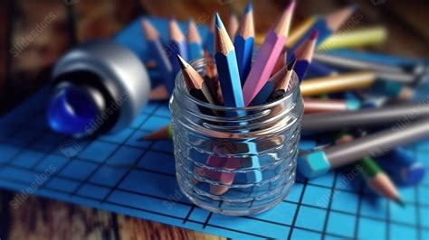 무료 3d 케이지 디자인의 문구용품 루페 파란색 연필 컬러 잉크 펜 일반 연필과 학교 공책을 자세히 살펴보세요 Ppt 배경 Slidesdocs