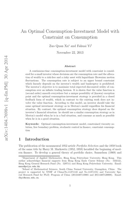 Pdf An Optimal Consumption Investment Model With Constraint On