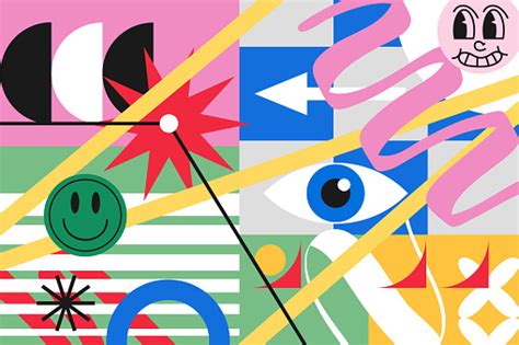 추상적 인 현대 바우 하우스 포스터 기하학적 인 야만적 인 모양 얼굴을 가진 최소한의 스위스 복고풍 예술 디자인 페인팅 비즈니스