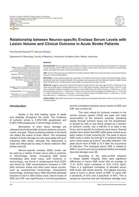 Pdf Relationship Between Neuron Specific Enolase Serum Levels With Lesion Volume And Clinical