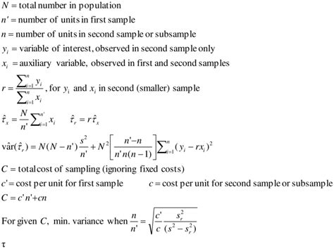 Notation And Equations Used In Double Sampling Ratio Estimation Method Download Scientific