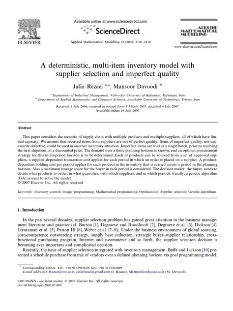 A Deterministic Multi Item Inventory Model With Supplier Selection And