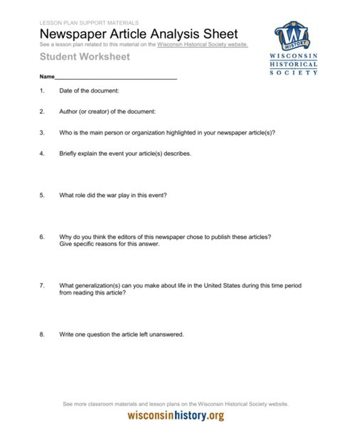Student Worksheet Newspaper Article Analysis Sheet — Db