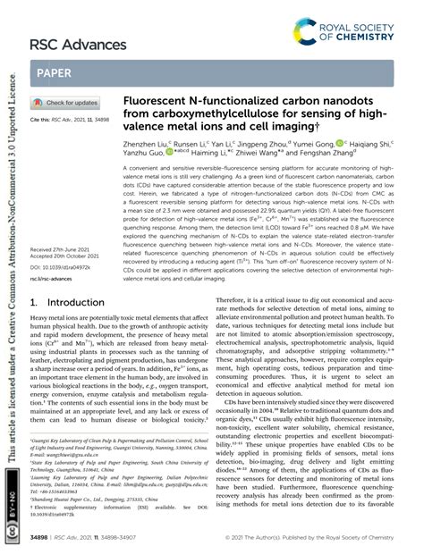 Pdf Fluorescent N Functionalized Carbon Nanodots From Carboxymethylcellulose For Sensing Of