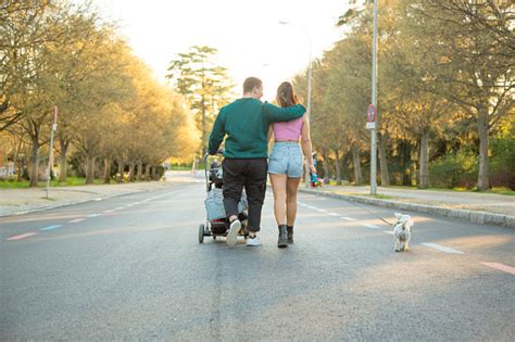 유모차에 아기를 태우고 개를 등에 업고 길을 따라 걷는 젊은 부부 20 24세에 대한 스톡 사진 및 기타 이미지 20 24세 25 29세 6 11 개월 Istock