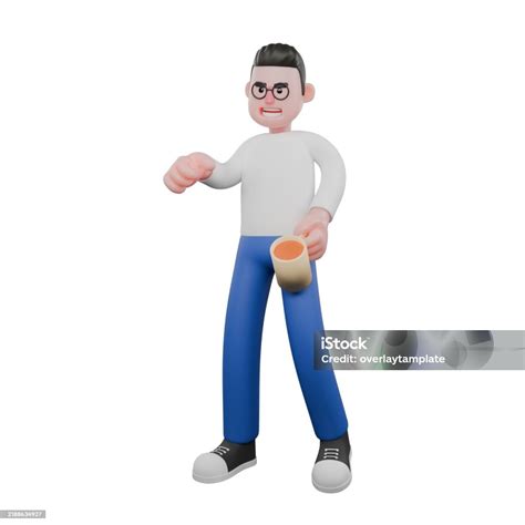 만화 스타일의 3d 모델 일러스트 레이 션에 비디오 편집기 남성 비디오 편집자는 오른손을 앞으로 뻗고 왼손은 커피 잔을 들고 집중적인 표정을 지으며 걷고 있습니다 디자인