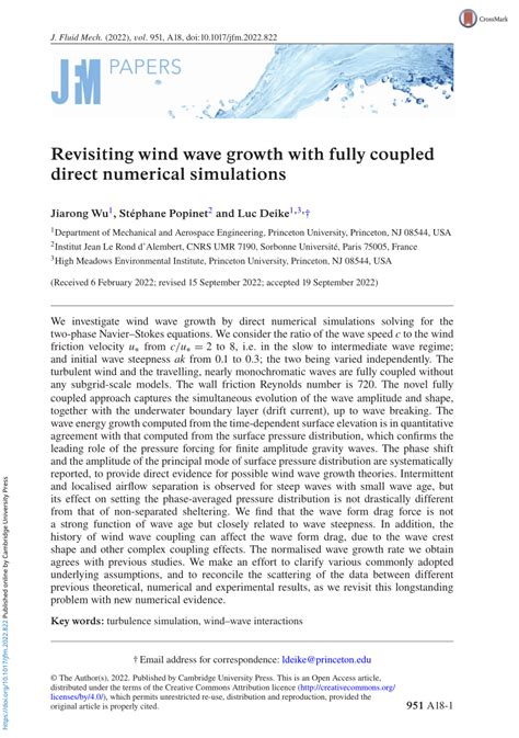 Pdf Revisiting Wind Wave Growth With Fully Coupled Direct Numerical Simulations