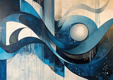 Abstract Artwork Featuring Flowing Blue Shapes And A Circular Element Evocing Movement Calm