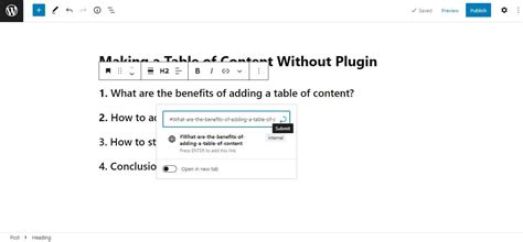 how to add table of contents in wordpress without plugin step by step