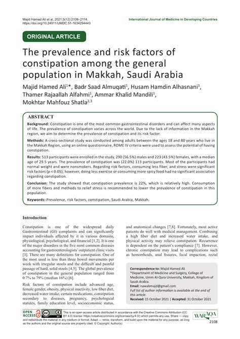 Pdf The Prevalence And Risk Factors Of Constipation Among General