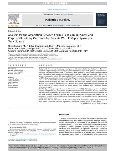 Pdf Analysis For The Association Between Corpus Callosum Thickness And Corpus Callosotomy