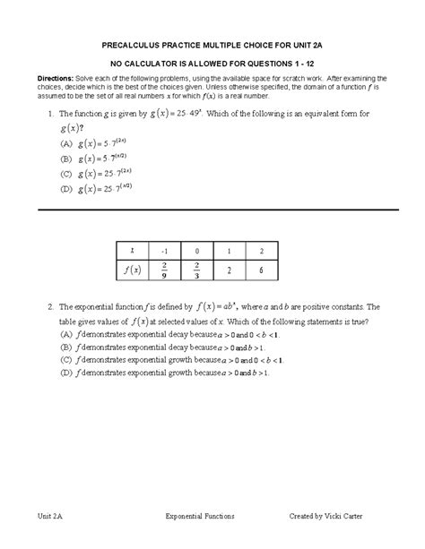 Practice Mcqs For Unit 2a Precalculus Practice Multiple Choice For
