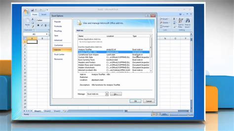 how to turn on off installed add ins in excel 2007 on windows® 7 youtube