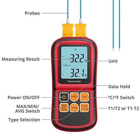 Digital Thermometer Kamtop Dual Channel Thermometer With Two K Type Thermocouple Probe High