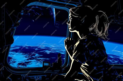 Premium AI Image | Woman looking out the window of space station with view of the earth ...