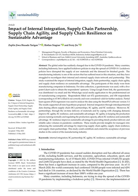 Pdf Impact Of Internal Integration Supply Chain Partnership Supply Chain Agility And Supply
