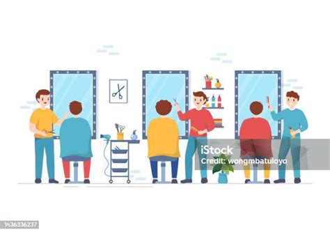 남성 또는 여성 고객을위한 이발소 거울 책상 및 헤어 커팅 장비가있는 이발 플랫 만화 손으로 그린 템플릿 일러스트 레이 션 가위에 대한 스톡 벡터 아트 및 기타 이미지