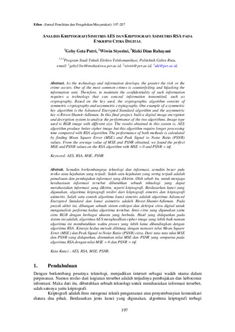Pdf Analisis Kriptografi Simetris Aes Dan Kriptografi Asimetris Rsa Pada Enkripsi Citra Digital