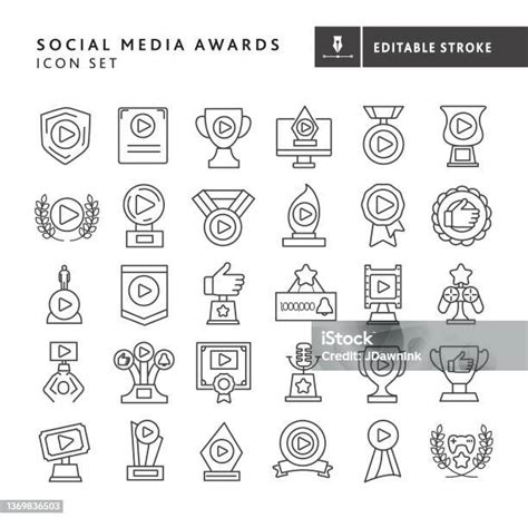 소셜 미디어 콘텐츠 크리에이터 게임 영화 및 팟 캐스트 업적 트로피 플레이 버튼 아이콘과 상 편집 스트로크에 대한 아이콘 트로피에 대한 스톡 벡터 아트 및 기타 이미지