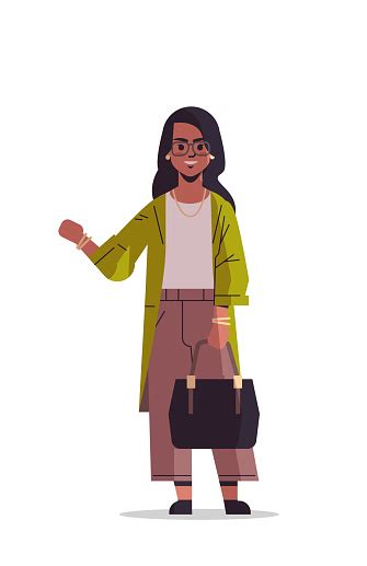 아름 다운 인도 여자 와 핸드백 흔들기 손 과 포즈 하기 카메라 미소 여성 만화 캐릭터 서 포즈 고립 된 수직 전체 길이 벡터 일러스트 가공의 인물에 대한 스톡 벡터 아트