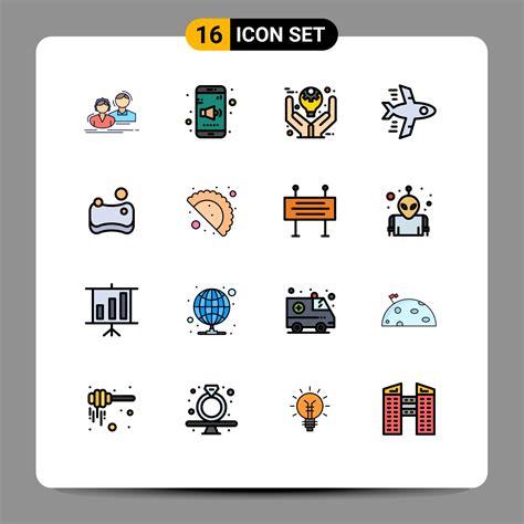 Modern Set Of 16 Flat Color Filled Lines Pictograph Of Cleaning Flying Volume Airplane Product