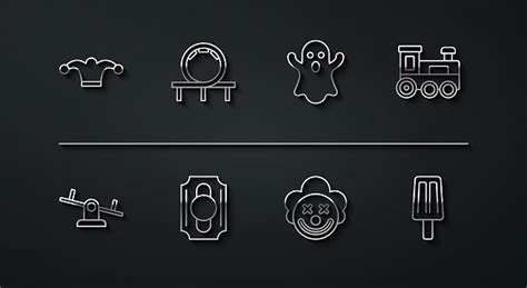 벨 시소 장난감 기차 광대 머리 서커스 티켓 롤러 코스터 아이스크림과 유령 아이콘 세트 라인 제스터 모자 벡터 건네주기에 대한 스톡 벡터 아트 및 기타 이미지 Istock