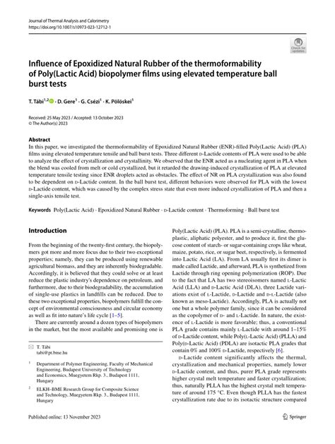 Pdf Influence Of Epoxidized Natural Rubber Of The Thermoformability Of Poly Lactic Acid