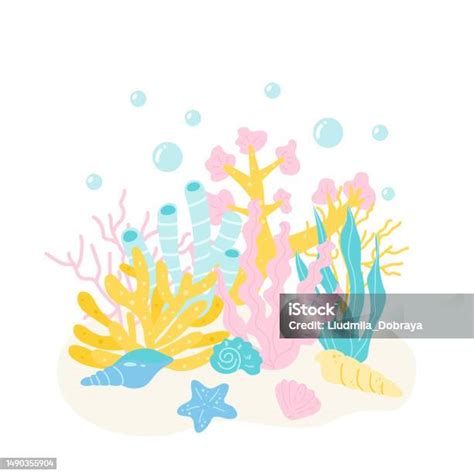 산호 식물 조류 조개 껍질의 구성 수중 자연 생활 개념 플랫 그래픽 디자인 요소 개념입니다 벡터 배경입니다 해양 조성 0명에 대한 스톡 벡터 아트 및 기타 이미지 Istock