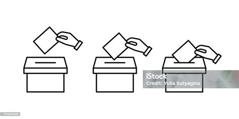 투표 용지가 있는 투표 상자 라인 아이콘 투표용지를 들고 있는 손 선거 투표 및 의견 벡터 투표에 대한 스톡 벡터 아트 및 기타