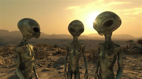Three Gray Aliens Stand In A Desert At Sunset Premium Ai Generated Image