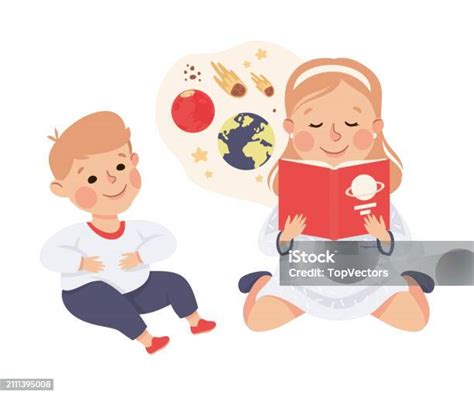동생에게 책을 읽어주는 언니 함께 즐거운 시간을 보내는 행복 한 소녀와 소년 만화 벡터 일러스트 레이 션 가족에 대한 스톡 벡터 아트 및 기타 이미지 Istock