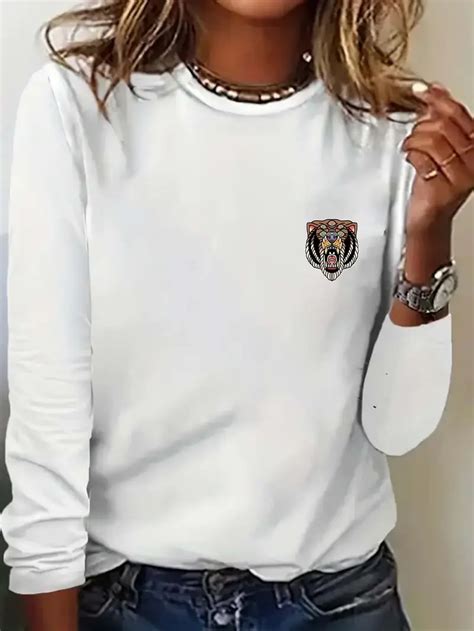 그래픽 프린트 크루넥 티셔츠 봄 가을용 캐주얼 긴팔 탑 여성 의류 최신 트렌드 쇼핑 Temu Republic Of Korea