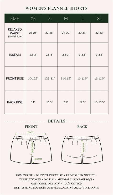 Size Chart Womens Flannel Shorts Vermont Flannel