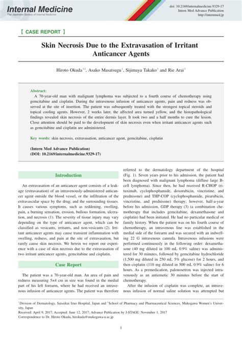 Pdf Skin Necrosis Due To The Extravasation Of Irritant Anticancer Agents
