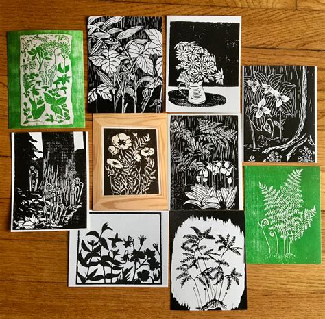 10 Art Postcards Of Ferns And Flowers From Woodcuts By Margot Torrey