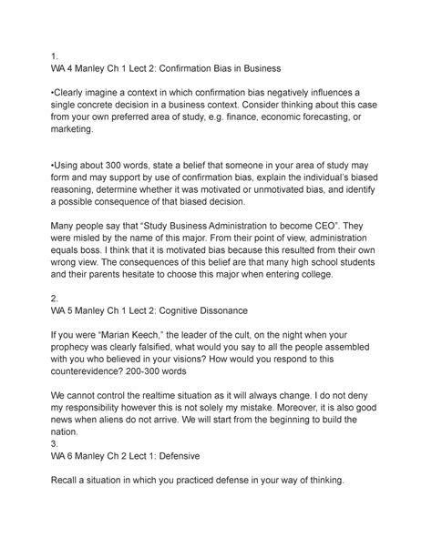 CT Exercises Assignment Given By Teacher 1 WA 4 Manley Ch 1 Lect 2 Confirmation Bias In